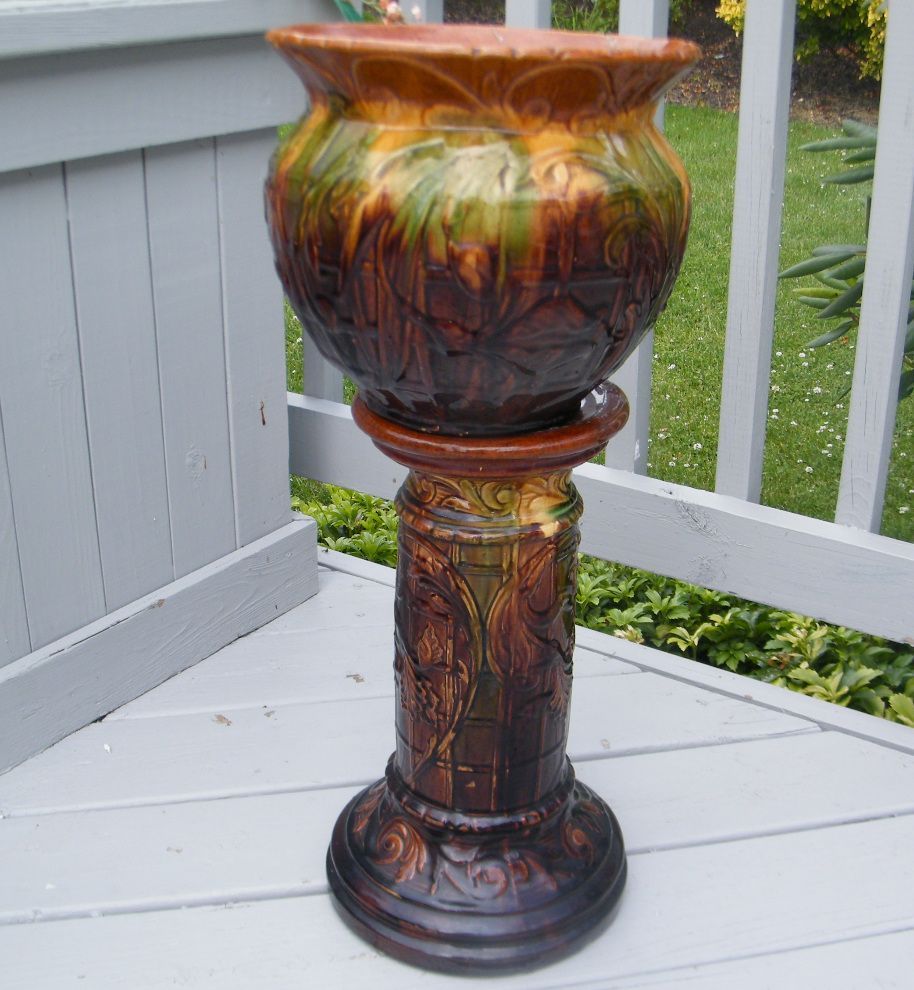 Antique VINTAGE MAJOLICA BROWN GREEN ROSEVILLE JARDINIERE PEDESTAL ... Antique VINTAGE MAJOLICA BROWN GREEN ROSEVILLE JARDINIERE PEDESTAL ...