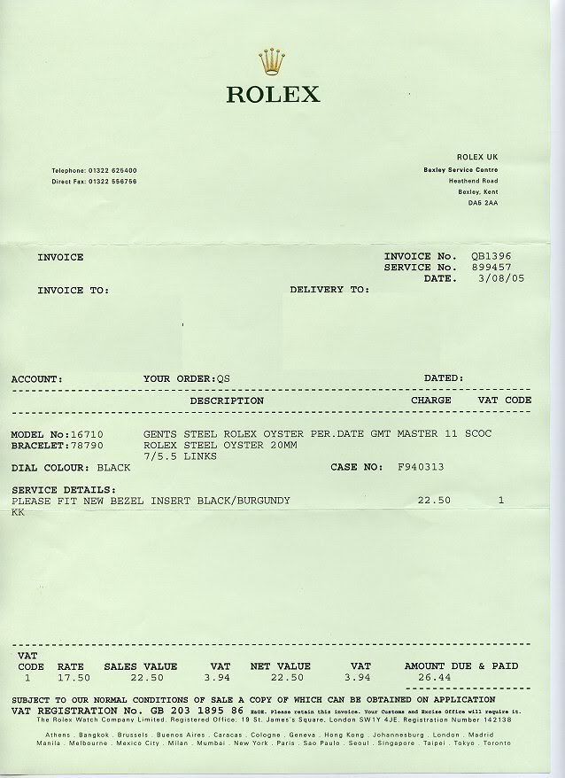 Rolex Receipt Template