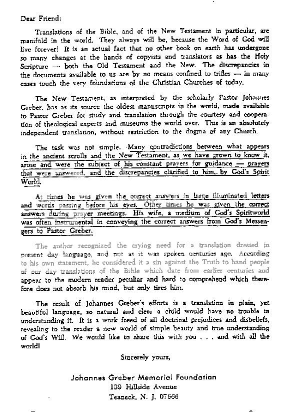 Johannes Greber, the New Testament