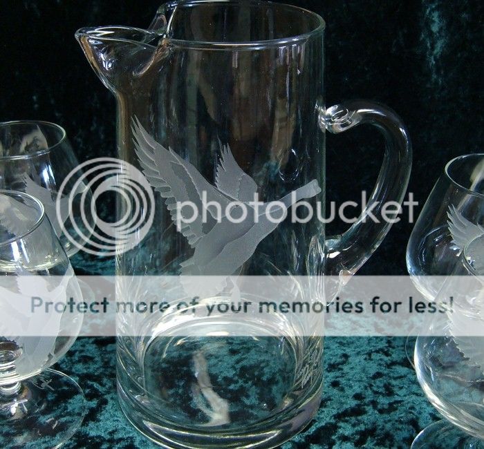 Perry Coyle Art Glass Crystal Pitcher Glasses Geese Set